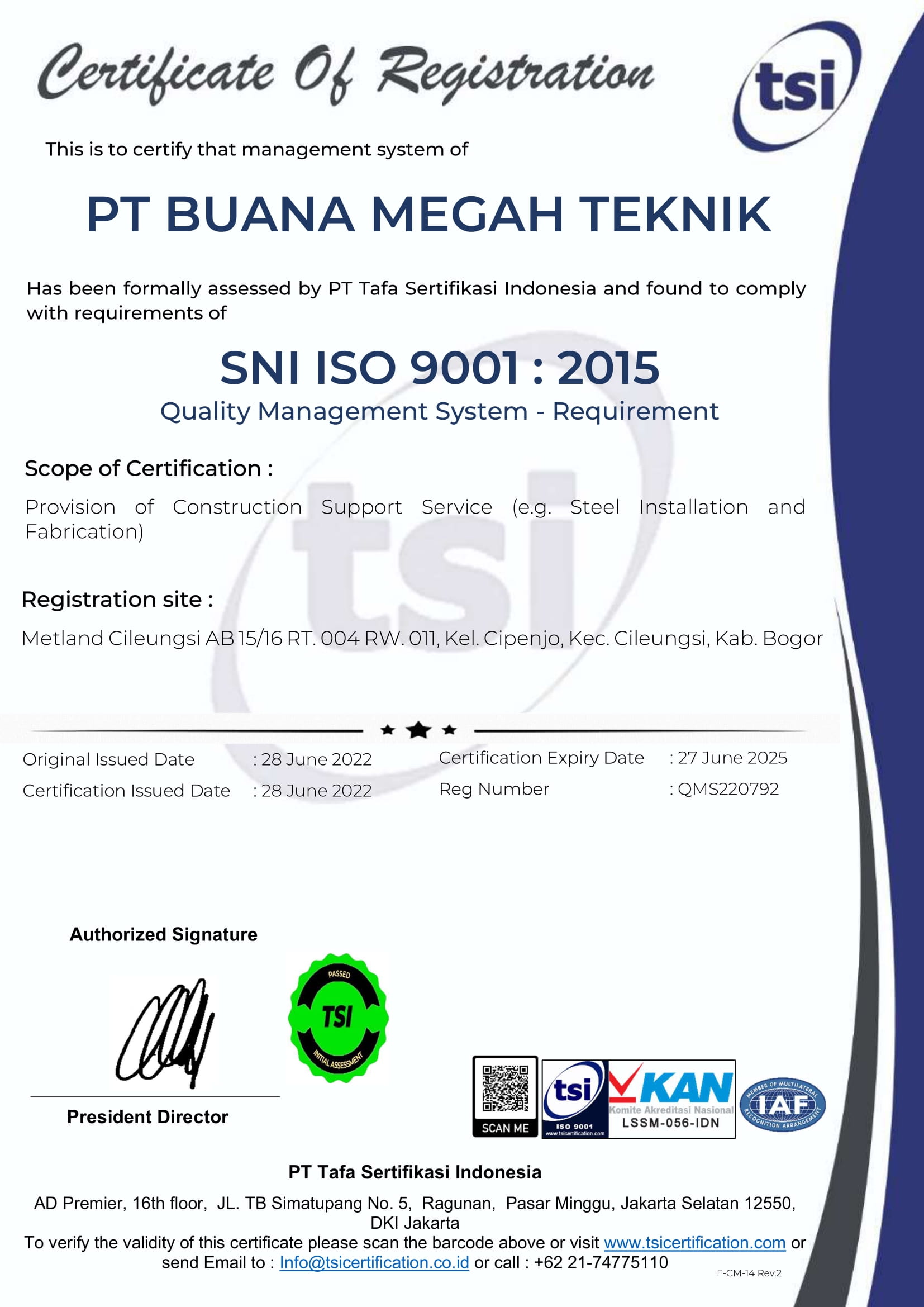 QMS220792 PT BUANA MEGAH TEKNIK