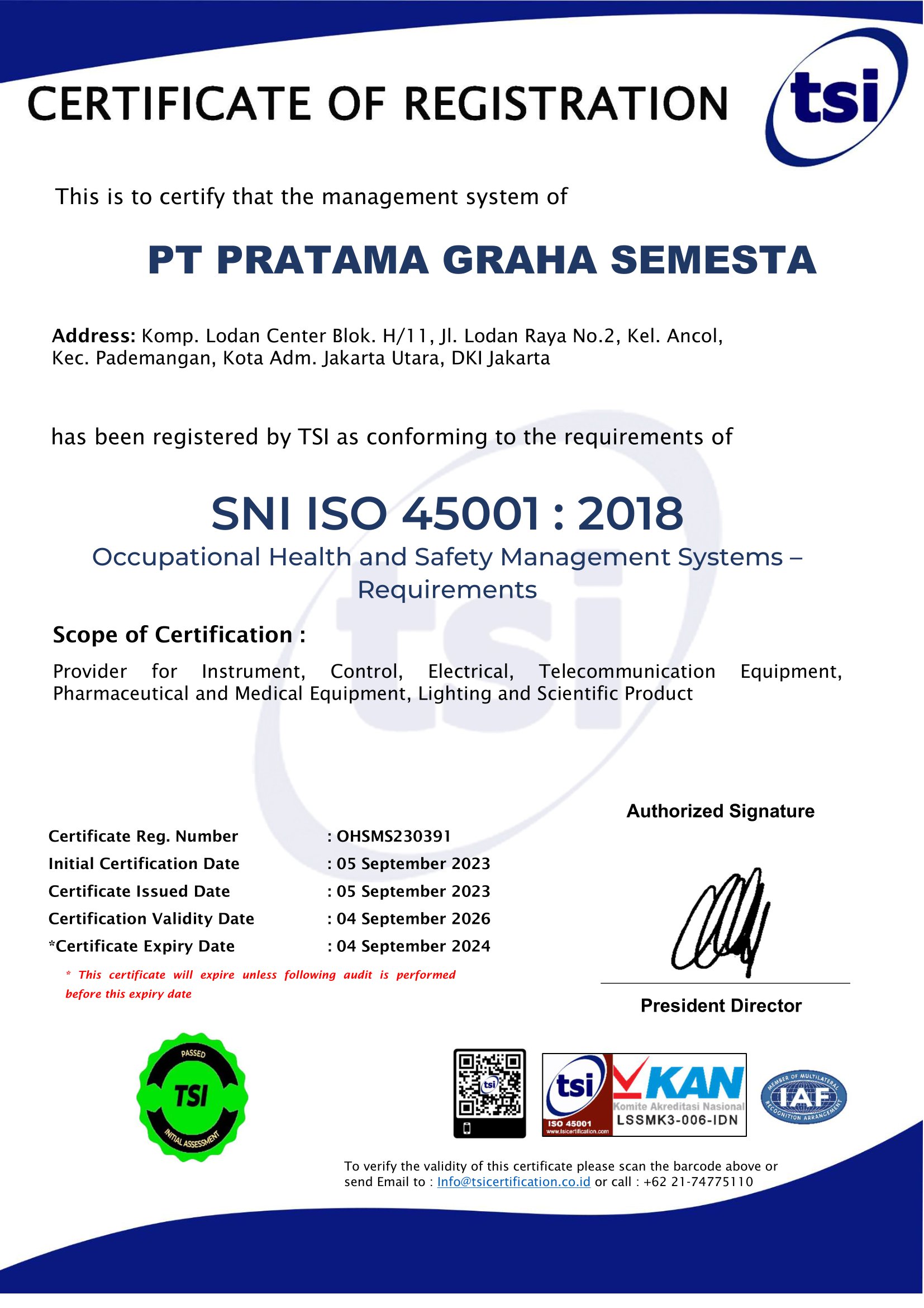 OHSMS230391 PT PRATAMA GRAHA SEMESTA