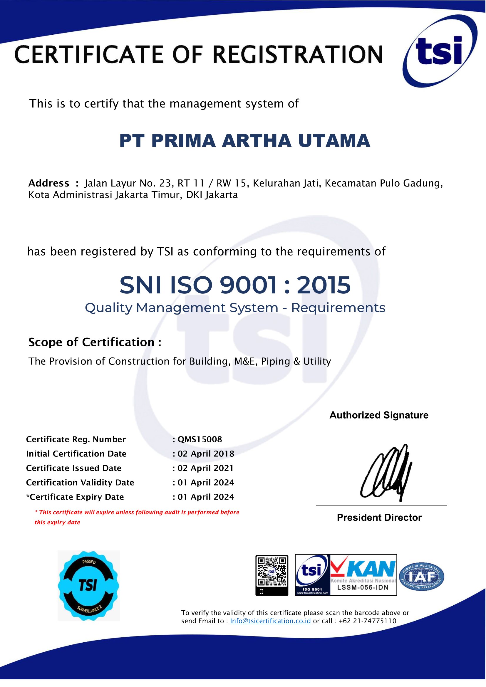 QMS15008 PT Prima Artha Utama