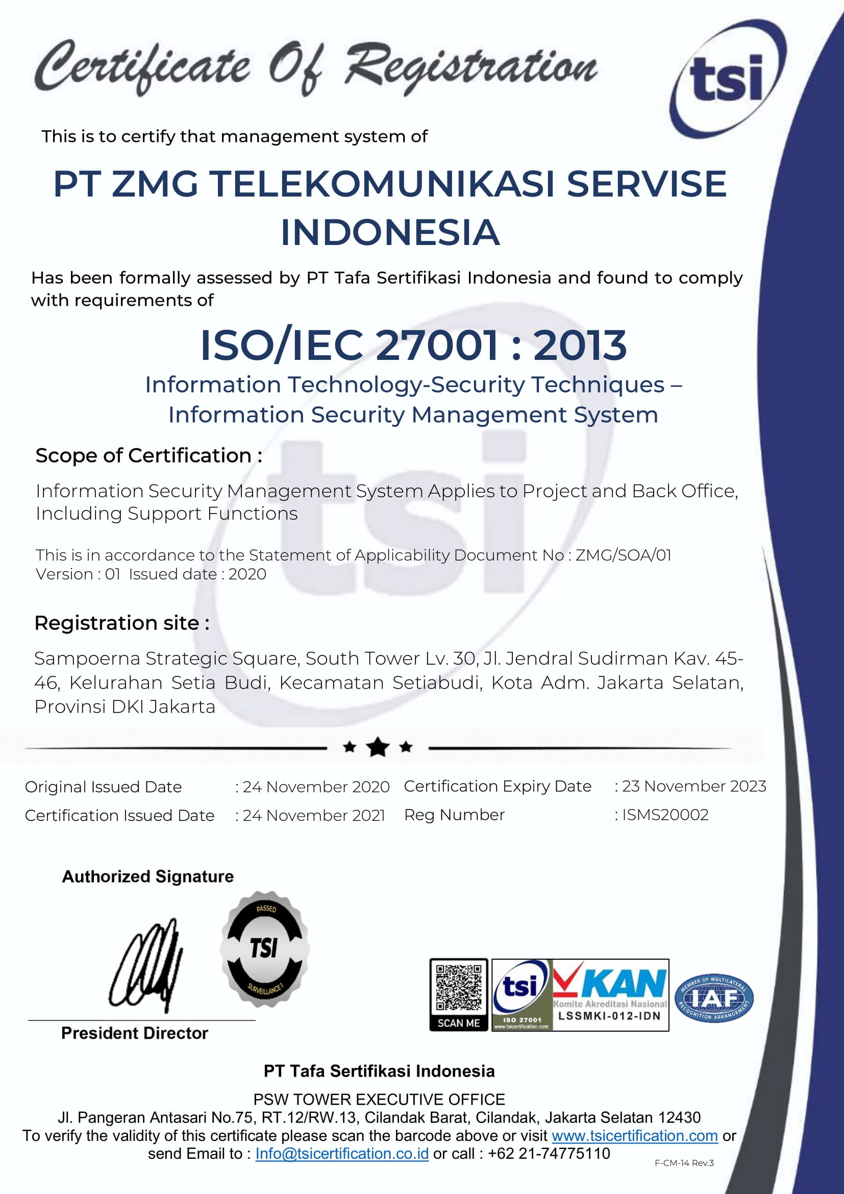 ISMS20002 PT ZMG Telekomunikasi Servise Indonesia