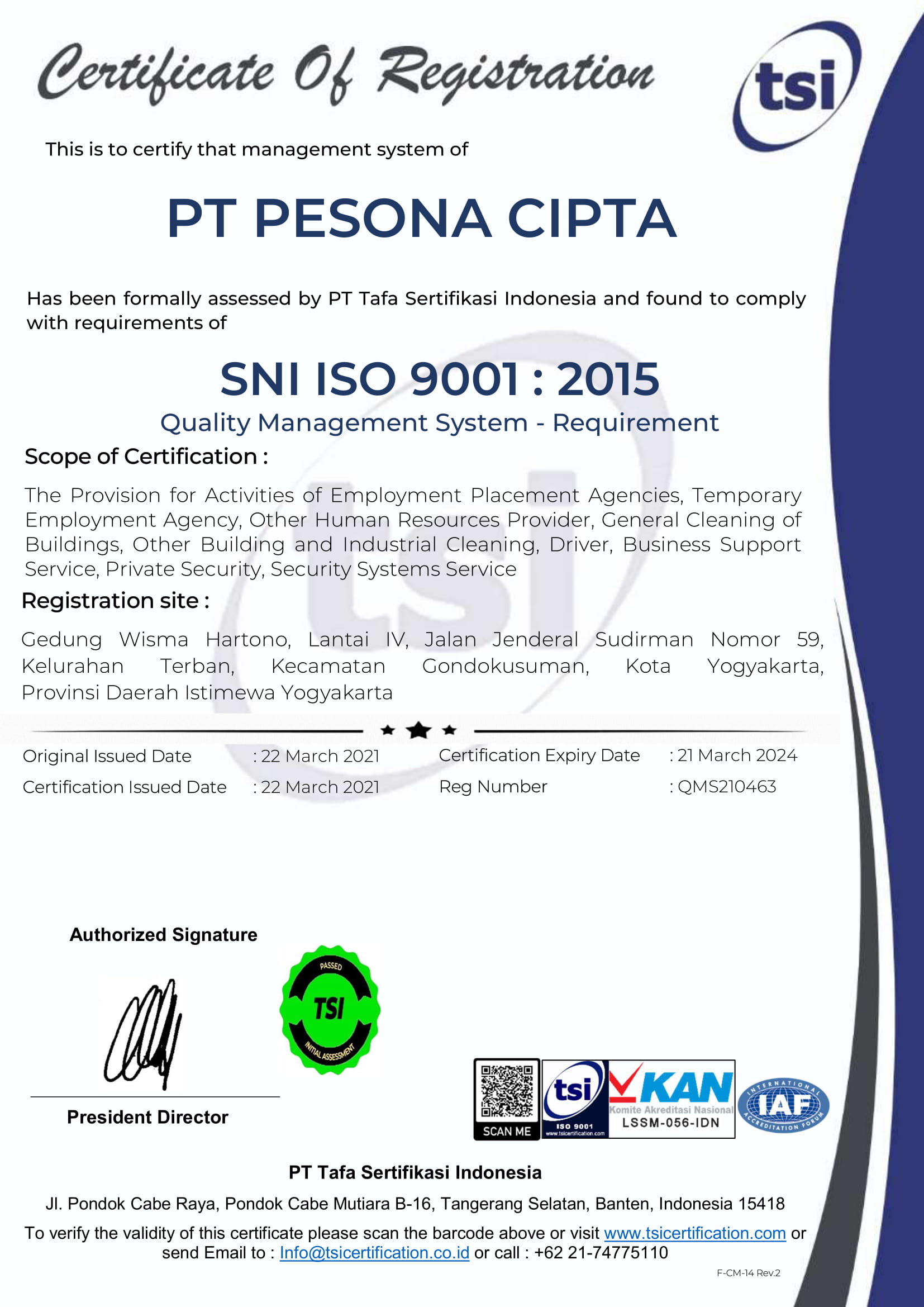QMS210463 PT PESONA CIPTA