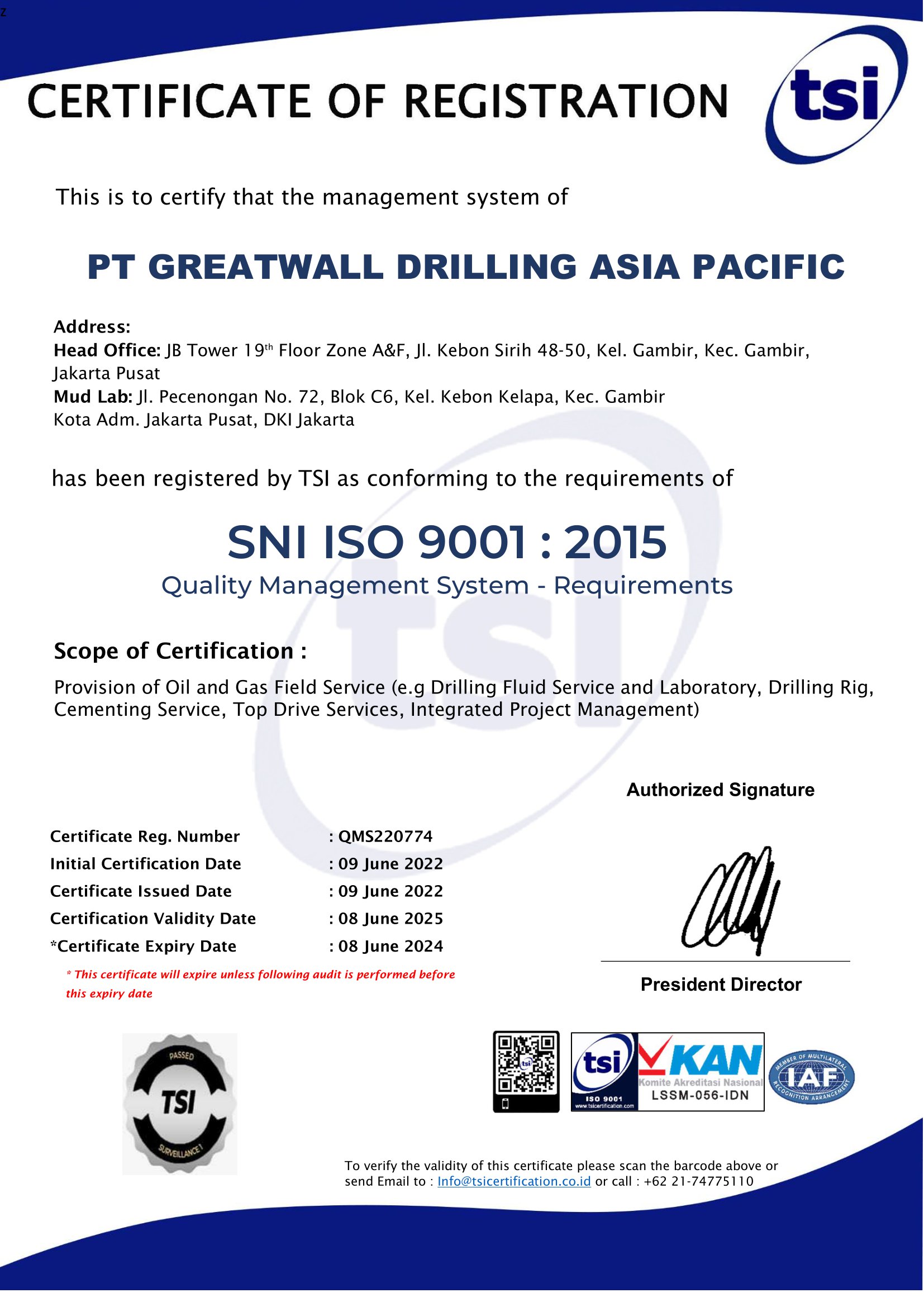 QMS220774 PT GREATWALL DRILLING ASIA PASIFIC