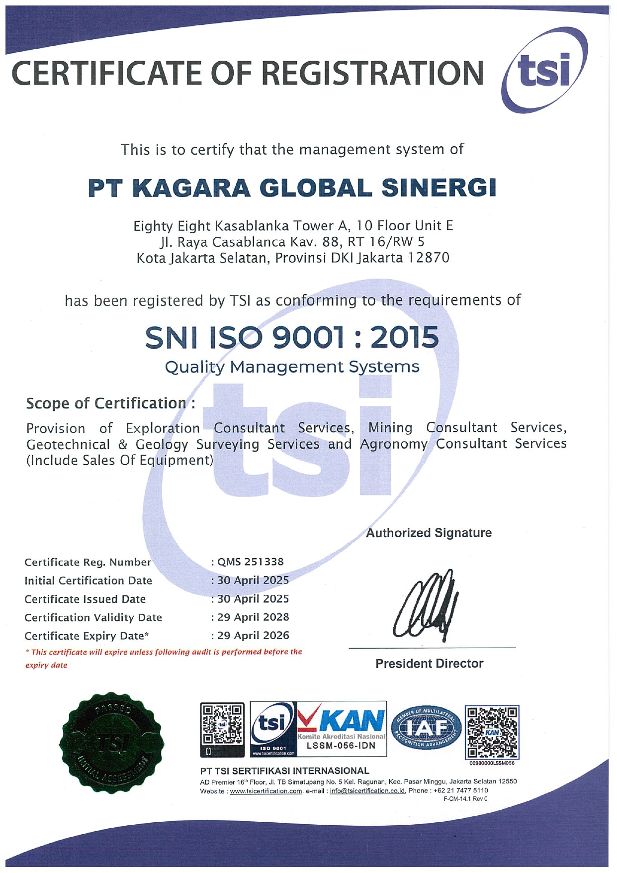 QMS251338 PT KAGARA GLOBAL SINERGI